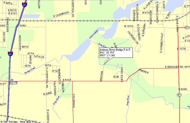 Map to Arizona Bridge Public Access Point on Deep River in Indiana
